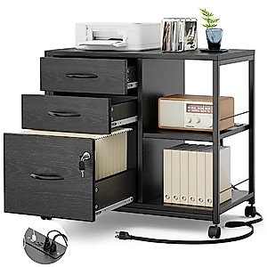 Himusi File Cabinet, Filing Cabinets for Home Office with Lock and USB Charging Port, 3 Drawer Wood File Cabinets for A4/Letter Size, Printer Stand with Storage