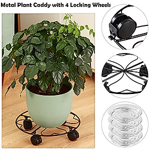 4 Packs Metal Plant Caddy with Wheels 12” Heavy-Duty Wrought Iron Rolling Plant Stands with Casters Indoor and Outdoor Plant Pot Roller Base Plant Movers Saucers with Wheels, Glossy Black