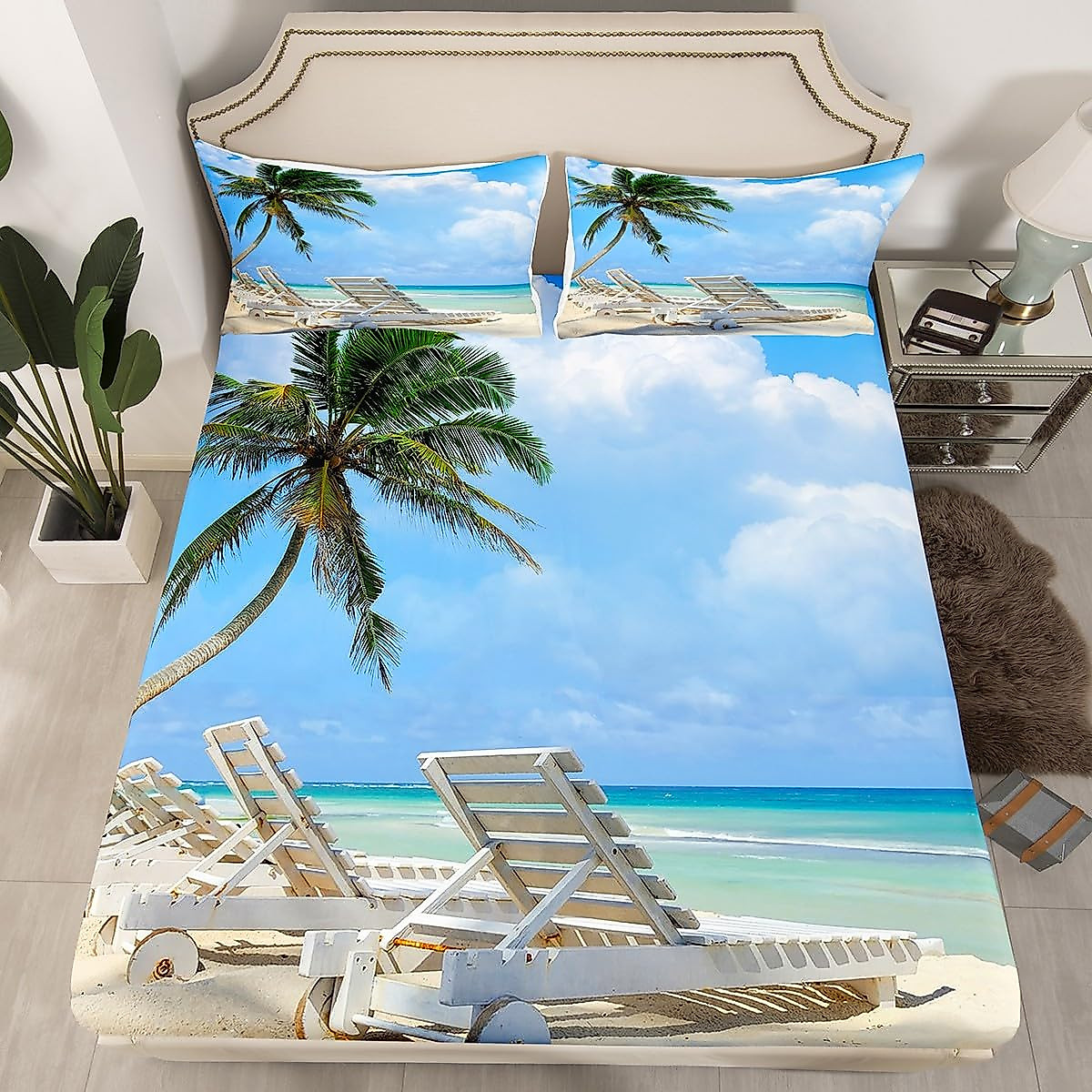 Erosebridal Hawaii Beach Bed Sheets Set Full Size, Tropical Sheets, Ocean Beach Decor Sheets, Palm Tree Flat Fitted Sheet, Summer Holiday Style Sheet Set, Coastal Bedding Bedroom Decor, 4Pcs