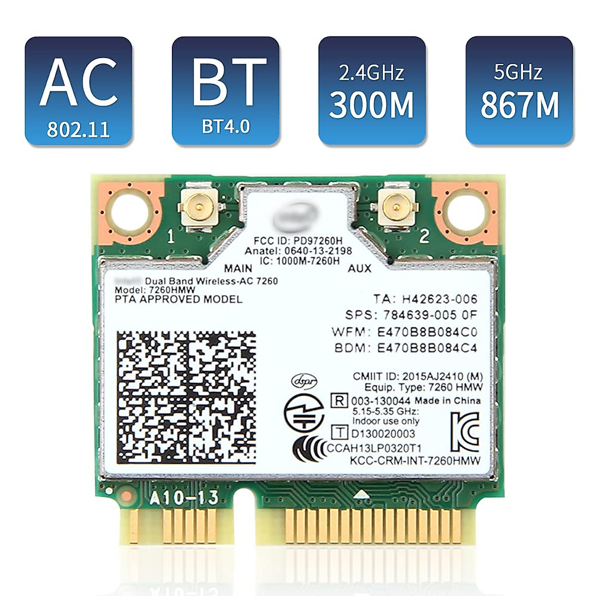 7260ac Half Mini pcie WiFi Card 7260HMW Dual Band Wireless-AC 7260 PCIe WiFi Adapter 2x2 Wi-Fi BT4.0 802.11 b/a/g/n/ac PCI Express Mini Network Card for Windows 7 8 10