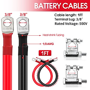 1/0 AWG Gauge Battery Cable 0 Gauge Power Inverter Cables with 3/8 Inch lugs for Solar Marine RV Car Truck Tractor Motorcycle (1FT, 1 red+1 black cable)