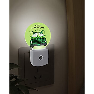 St.Patrick Day Gnomes Truck Night Lights Plug into Wall, Buffalo Plaid Green Shamrocks Auto Round LED Lights with Dusk to Dawn Sensor for Bedroom, Bathroom, Hallway, Kitchen, Kids, Home Decor