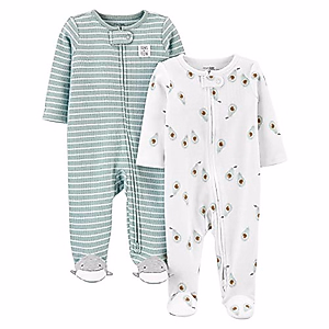 Simple Joys by Carter's Baby 2-Way Zip Thermal Footed Sleep and Play, Pack of 2, Mint Green Stripe/White Avocados, Newborn