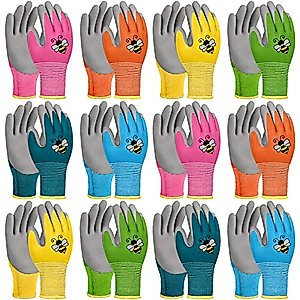 12 Pairs Kids Gardening Gloves Children Yard Work Glove Rubber Coated Garden Gloves for Girls Boys Toddlers Youth Outdoor (Medium (Age 6-8))