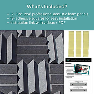 Bass Absorbing Wedge Style Panels - Soundproofing Acoustic Studio Foam - 12"x12"x4" Tiles - 2 Pack - DIY (Charcoal)