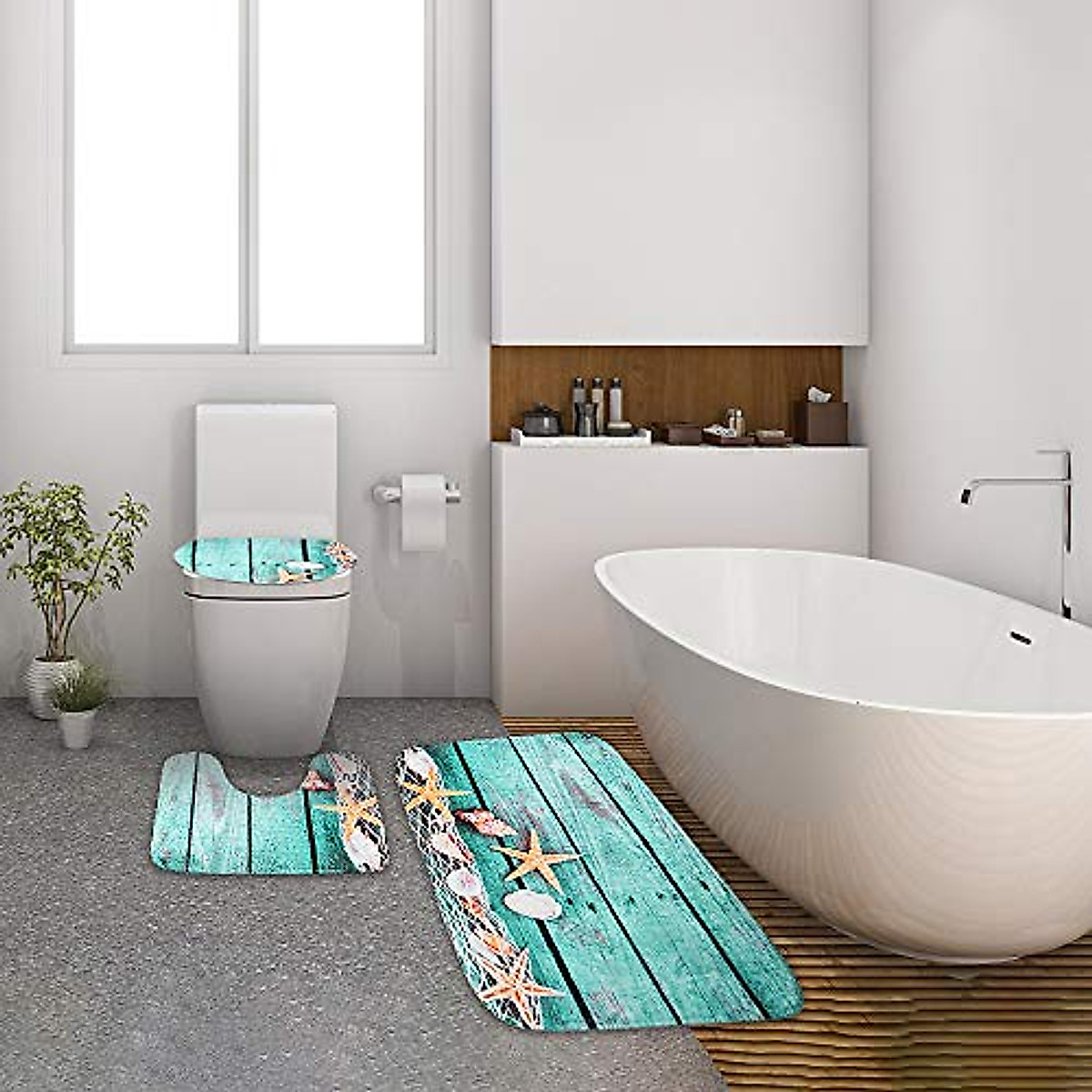 3 Piece Bath Rugs Mat Set, Bath Mat for Bathroom, Bathroom Mats Rugs Flannel Mats, Machine Washable Carpets Floor Mat for Bathroom Kitchen, Tub Toilet Contour Mat Lid Cover, Beach Starfish Decorations