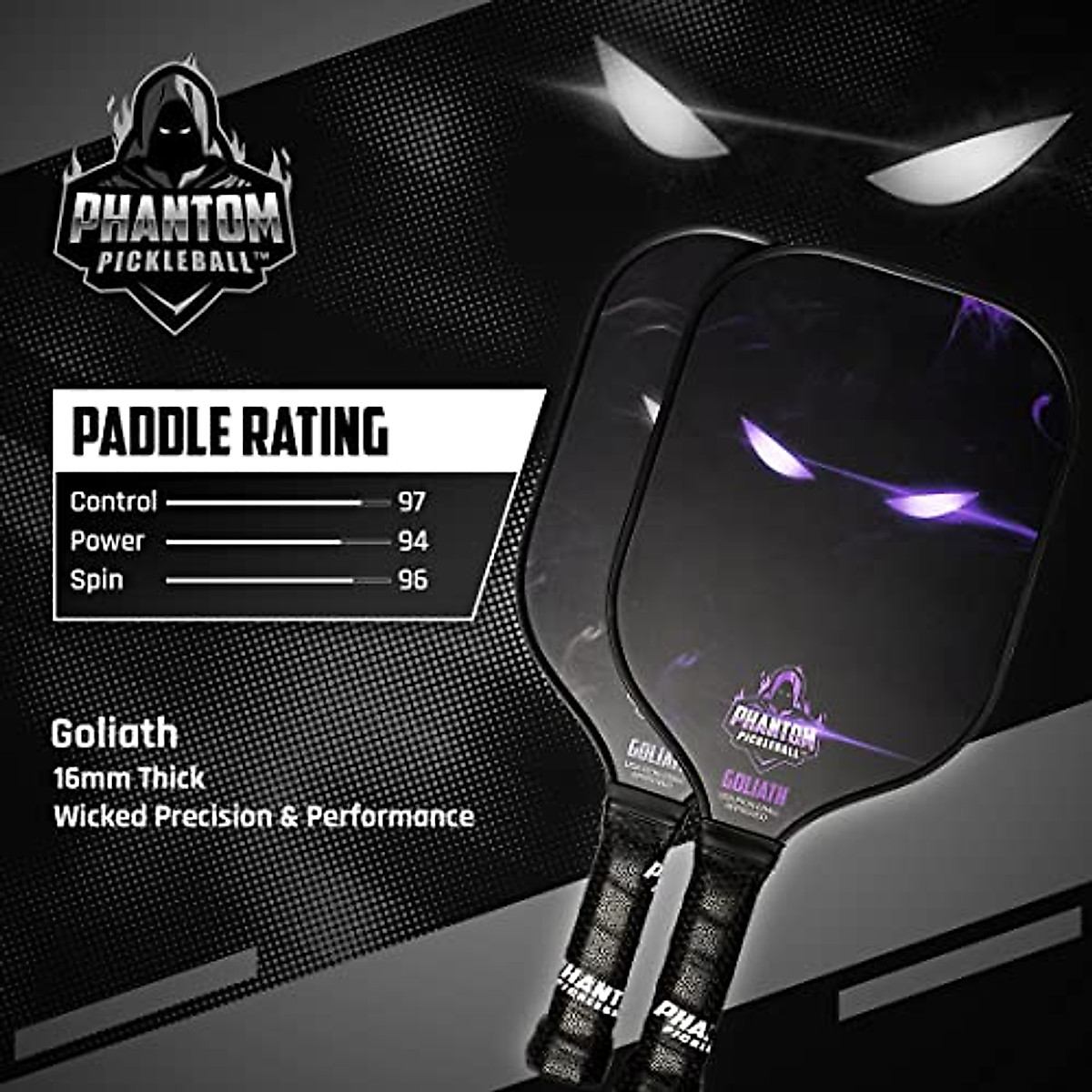 Phantom Goliath 16mm Carbon Fiber Elongated Body Pickleball Paddles - Max Grit and Spin - USAPA Approved – Pickleball Rackets - Pickle-Ball Equipment with Polypropylene Core – Lightweight (Purple)