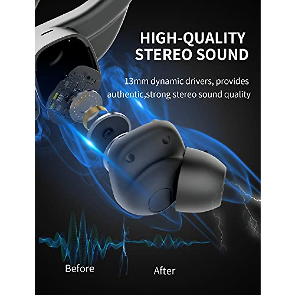 Bluedio S6 Sport Earhooks Earphones Wireless Earbuds Bluetooth Headphones 42hrs Play with LED Display Charging Case Built-in Mic Headset for Sports Running Workout Black