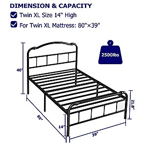 FDLOGW Twin XL Size Bed Frame with Headboard and Footboard, 14 Inch High, No Box Spring Needed Heavy Duty Metal Platform Bedframe, Noise Free