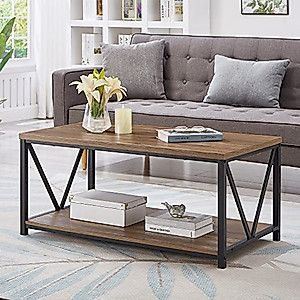 FOLUBAN Rustic Coffee Table with Storage Shelf, Vintage Wood and Metal Cocktail Table for Living Room, Oak