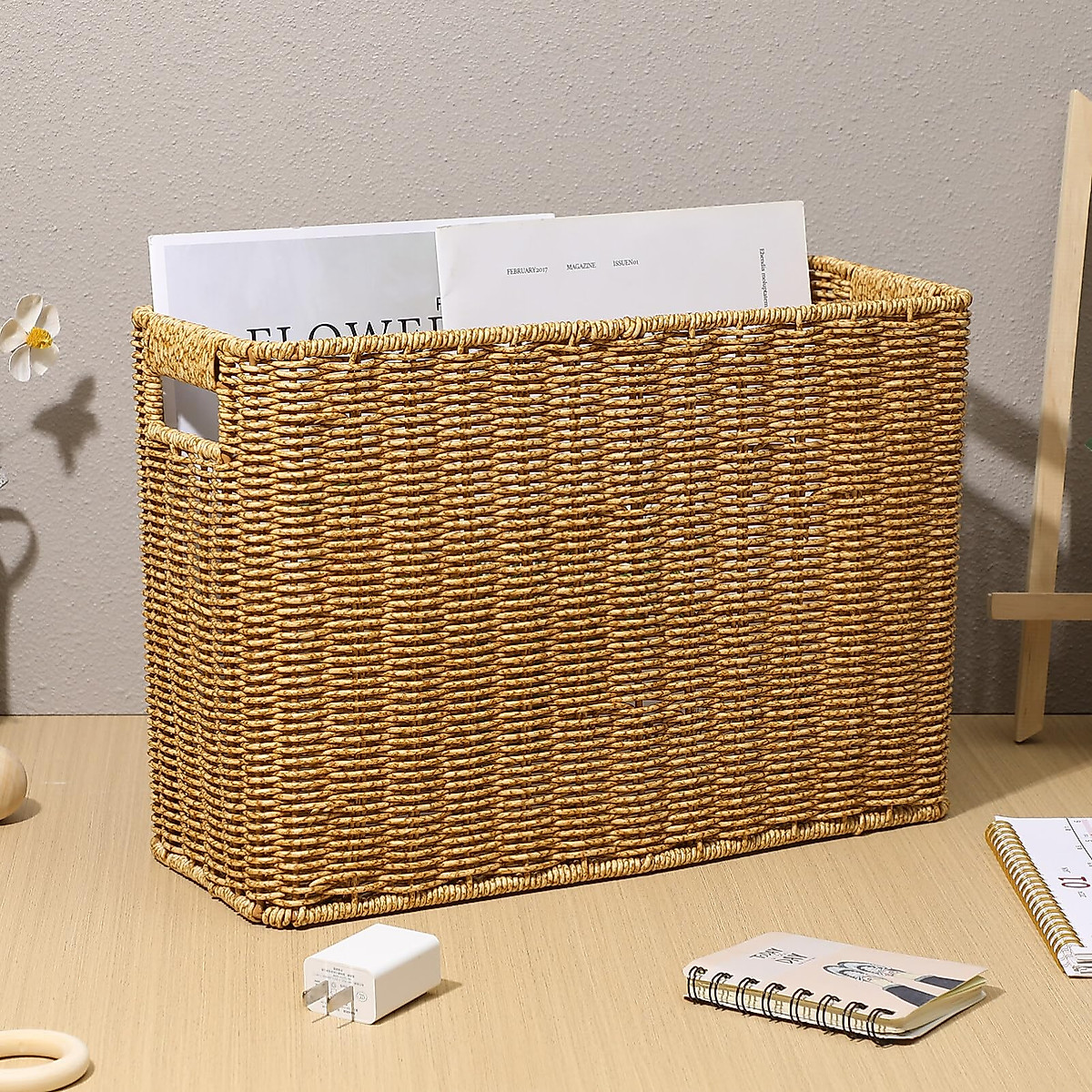 STOBAZA Woven Basket with Handles Magazine Book Storage Basket Bin for Home Office, Handwoven Narrow Basket for Books, Newspaper, File and Mail - 38.00X26.00X15.00CM