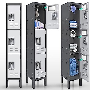 KAER 3 Doors Metal Locker,Lockable Storage Cabinet,Metal Lockers for Employees,Locker for School, Gym, Home, Office, Garage Storage Cabinet with Mirror Hook and Assembly Tool (Off-White, Unassembled)