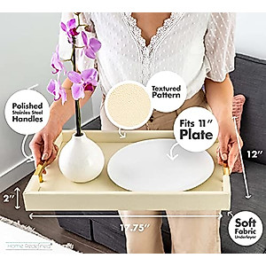 Modern Elegant 18"x12" Rectangle Cream Glossy Shagreen Decorative Ottoman Coffee Table Perfume Living Room Kitchen Serving Tray with Gold Polished Metal Handles by Home Redefined for All Occasion's