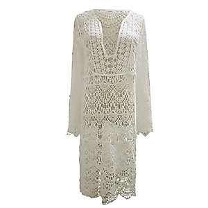 Cnebo A Line Dresses for Women Wedding Guest Women's Hollow Crochet Seaside Holiday Beach Smock Coat Swimsuit Smock Long Beige
