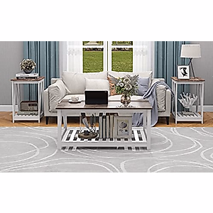 UYIHOME Farmhouse Coffee Table and End Table Set, Oak Grey Wooden Living Room Furniture with Slats Base, Oak Grey