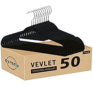 GVTECH Premium Velvet Hangers, [50 Pack] Non Slip and Heavy Duty Velvet Suit Hangers (45cm) with Tie Bar, 360° Swivel Hooks, Sturdy to Hold Jumper, Pullovers, Jackets & Hoodies (50 Pack, Black)