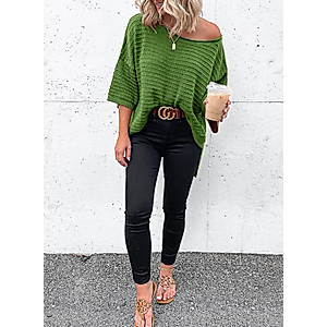 Dokotoo Womens Fashion Juniors Fall Summer Shirts and Blouses for Women 2024 Pullover Sweaters T-Shirts Off Shoulder 3/4 Sleeve Tunic Tops Loose Tee Shirts Light Green Medium