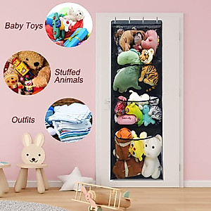 Stuffed Animal Storage, Over The Door Organizer Storage for Filling Stuff Toys, Stuffed Animals Holder with 4 Pockets, Foldable Portable Durable Hanging Storage Holder for Room (Black)