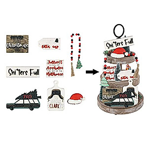 DULRLLY 7pcs Christmas Tiered Tray Decor Set, Rustic Farmhouse Autumn Fall Supplies, Xmas Wooden Tabletop Signs for Christmas Farmhouse Home Kitchen Party Decoration (Not Included Tray)