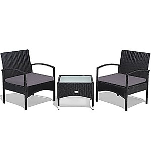 HAPPYGRILL 3 Pieces Patio Furniture Set Outdoor Conversation Set Rattan Wicker Bistro Set with Glass Coffee Table & Soft Cushions for Balcony Garden Poolside