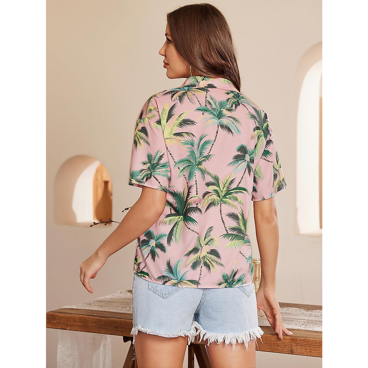 SweatyRocks Women's Short Sleeve Cute Print Button Down Shirt Tops Pink Green M