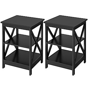 Yaheetech Black End Table Set of 2, 16x16x24 in Sturdy 3-Tier Side Tables with Storage Shelf & Solid Wood Legs, 2Pcs X-Design Modern Sofa Side Table for Living Room Office, Easy Assembly