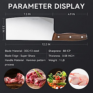 Chinese Meat Cleaver Knife 7.5 Inch, Butcher Knives with Original Wood Handle, Kitchen Gadgets Chopping Knife, Bone Cutting Cleaver Knife for Home and Restaurant
