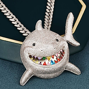 YIMERAIRE Hip Hop Jewelry Shark Pendant with Iced out Cuban Link Chain Large Iced Out Pendant 18K Gold Plated Colorful Teeth 3D 12MM Premium Zircon Fish Animal Diamond Necklace