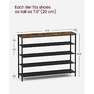 VASAGLE Shoe Rack 5 Tier, Narrow Shoe Organizer for Closet Entryway, with 4 Fabric Shelves and Top for Bags, Shoe Shelf, Steel Frame, Industrial, Rustic Brown and Black ULBS136B01