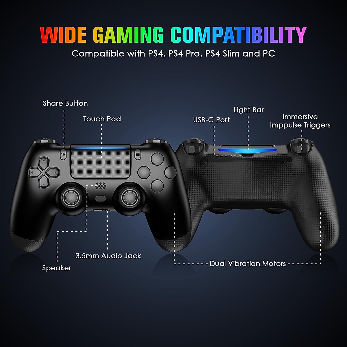 2 Pack Controllers with Charging Dock Station for PS4, Wireless Controller Compatible with PS4/Pro/Slim, with LED Charging Dock 2 Controller