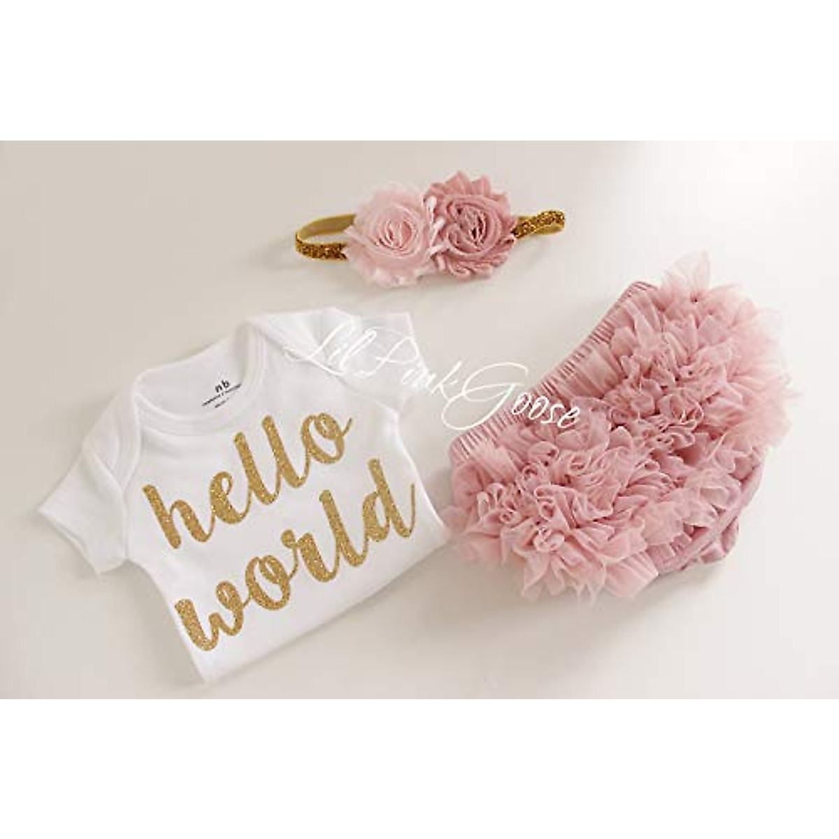 LilPinkGoose 3pcs Dusty Rose Newborn Baby Girl Coming Home Outfit Hello World Bodysuits (Newborn, Dusty Rose+Short Sleeve)