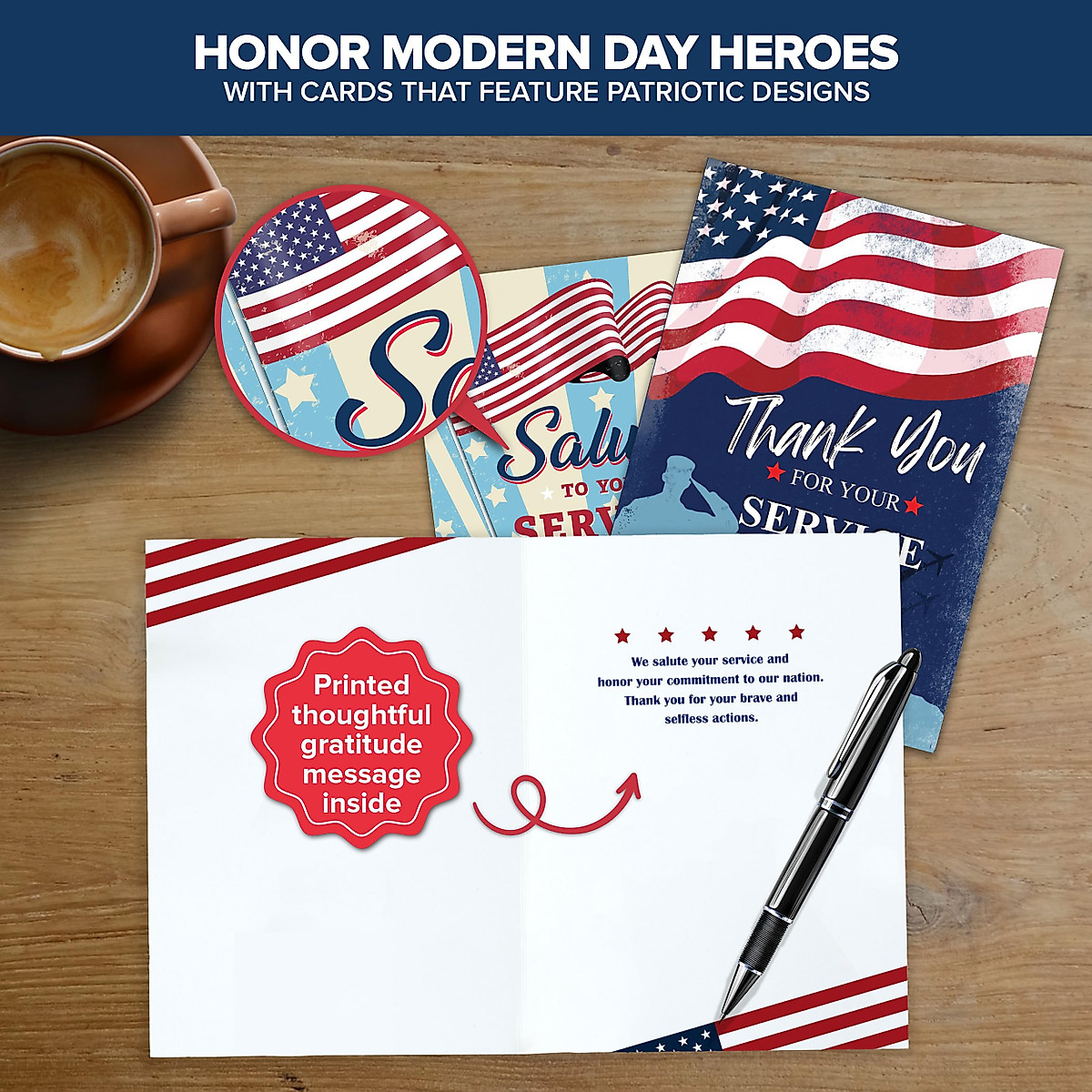 Decorably 8 Pack Thank You for Your Service Cards for Veterans with Envelopes & Stickers - 4 Designs Printed Message Inside Patriotic Cards with Envelopes, 5x7in Veterans Day Cards