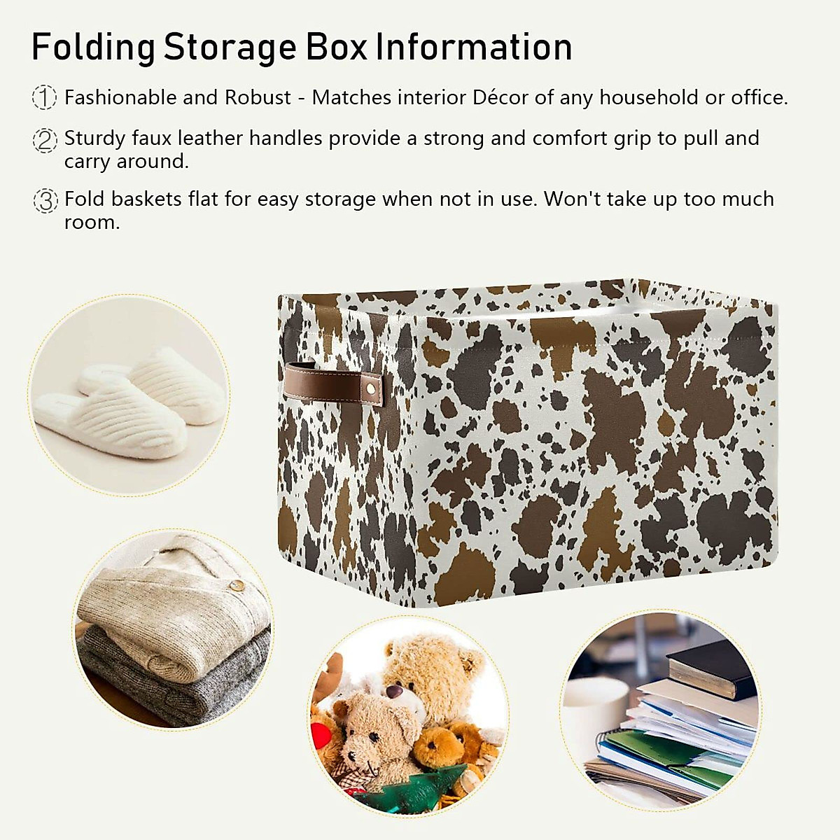 xigua Cow Print Storage Bin Collapsible Canvas Storage Basket Closet Organizer with Handles for Bedroom Nursery Shelves Laundry Room, 1 Pack
