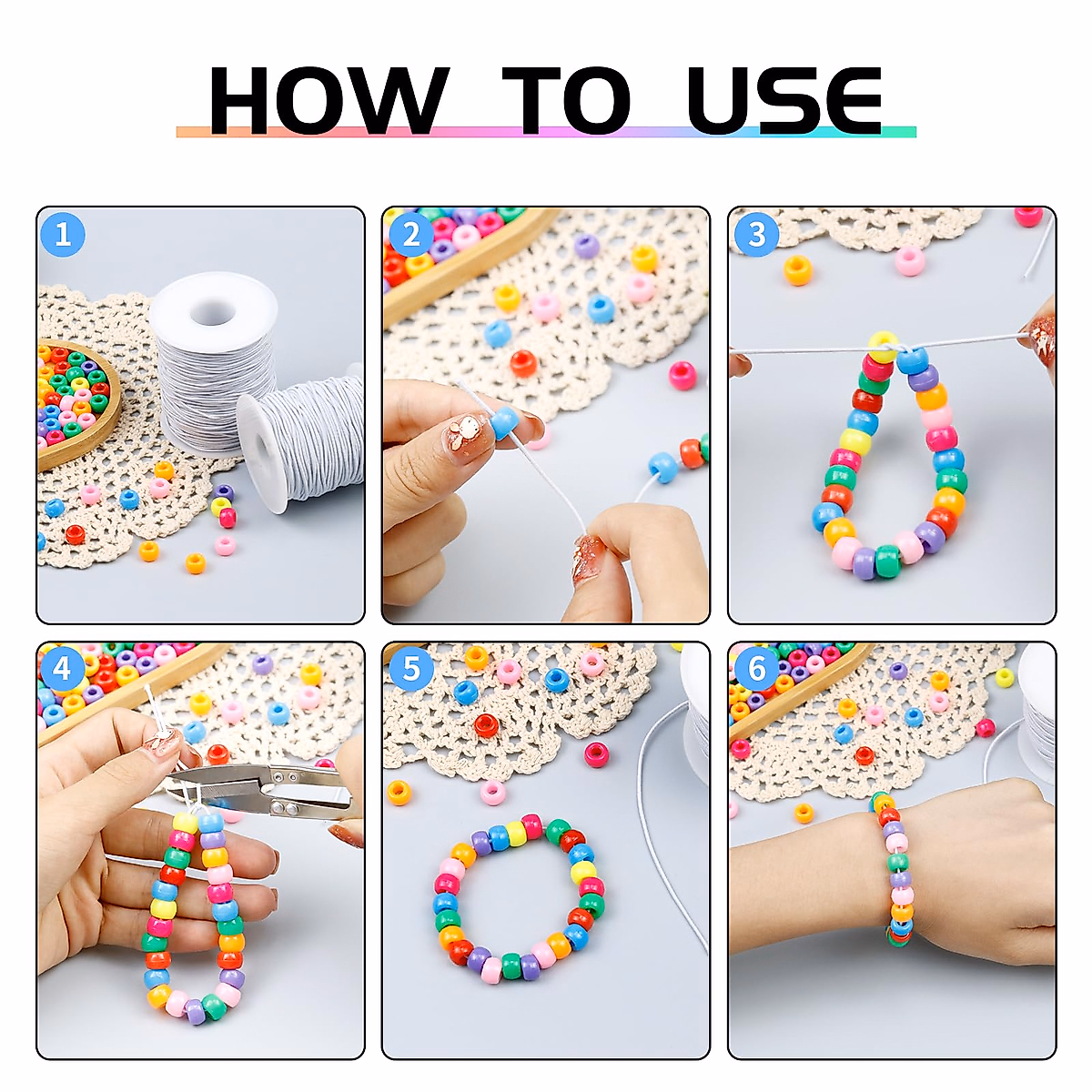 2 Rolls FIVEIZERO White Elastic Bracelet String Total 330 Feet,1mm,1.2mm,1.5mm Elastic Cord for Beading Stretchy String with Beading Needle for Bracelets, Sewing, Necklace, Jewelry Making and Crafts