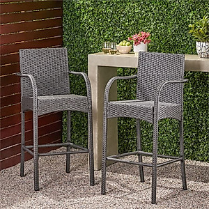 GDF Studio Dora Outdoor Wicker Barstool Chair (Set of 2), Gray