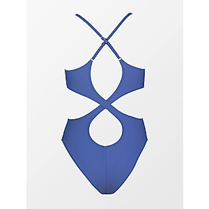 CUPSHE Women Crisscross Back Ruched One Piece Swimsuit Cut Out V Neck High Cut Thin Straps Bathing Suit,M Blue