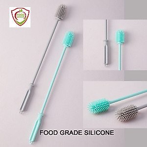 Obsoorth Silicone Bottle Brush Extra Long Handle Food Grade 360 Rotating Glassware Cleaner for Washing Baby Nipple, Narrow Neck Containers (15", Gray)