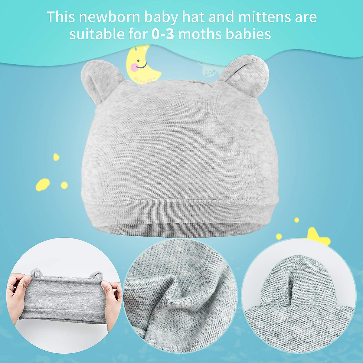 Dxhycc 4 Sets Newborn Baby Hats and Mittens, Baby Beanie Caps Hats and Scratch Mittens for Baby Boys Girls 0-3 Months