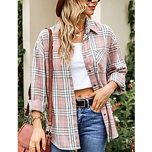 Lumister Oversized Flannel Shirt Women Long Sleeve Plaid Button Down Buffalo Shirt Blouse Tops with One Pocket(0405-Pink-L)