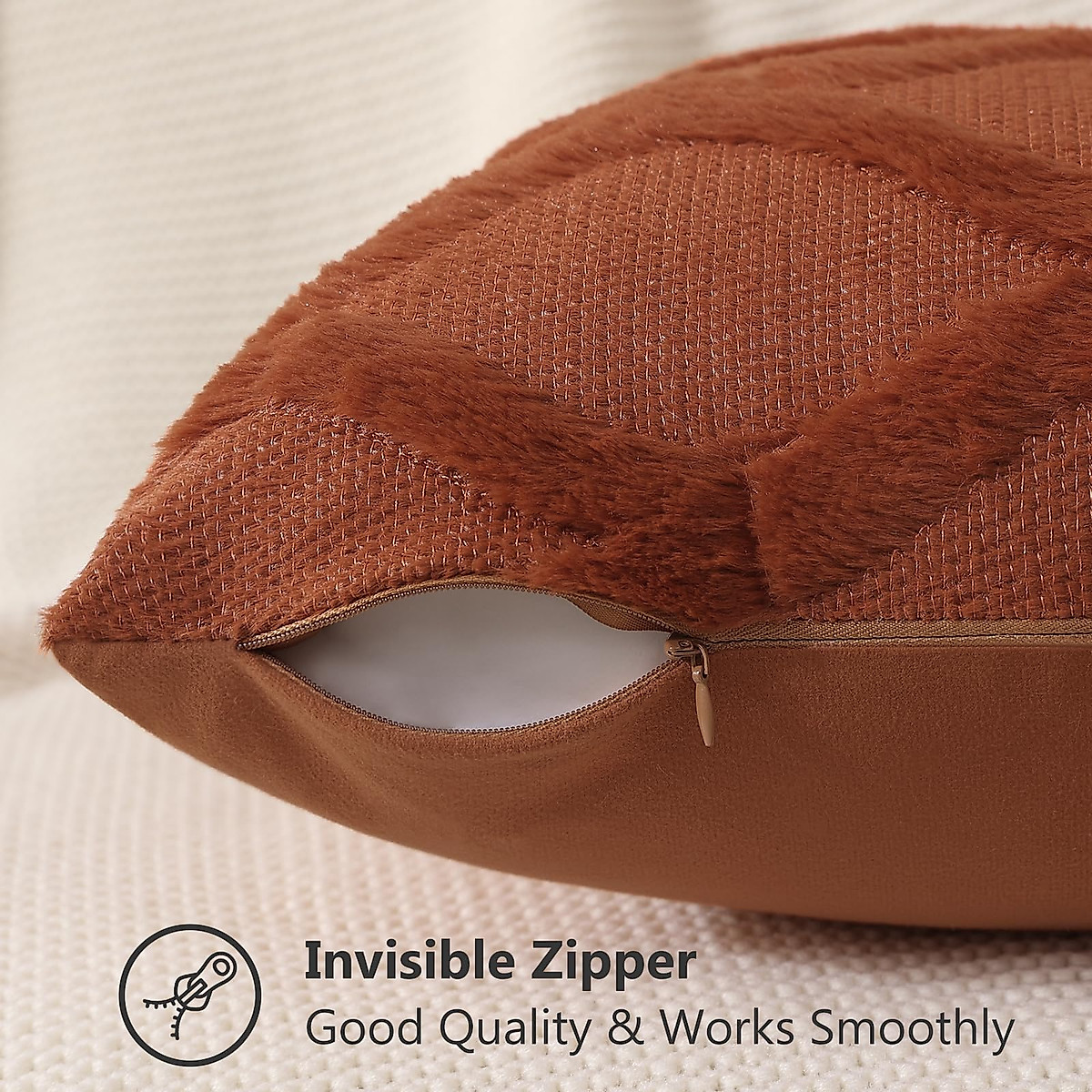 decorUhome Fall Decorative Throw Pillow Covers 18x18 Set of 2, Soft Plush Faux Fur Wool Pillow Covers for Couch Bed Sofa Living Room, Rust