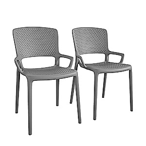 COSCO Outdoor/Indoor Stacking Resin Chair with Square Back and Arms, 2-Pack, Gray