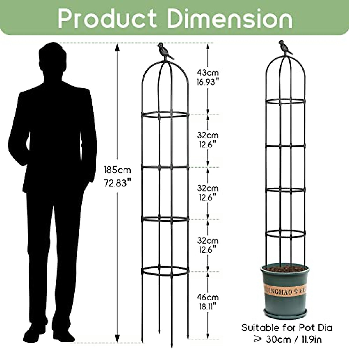 IronFun Plant Trellis for Climbing Plants Support Outdoor/Indoor 2-Pack, Garden Trellis for Potted Plants, Obelisk Trellis Tomato/Rose, Plant Vine Support, Iron Pipe Wrapped with Plastic
