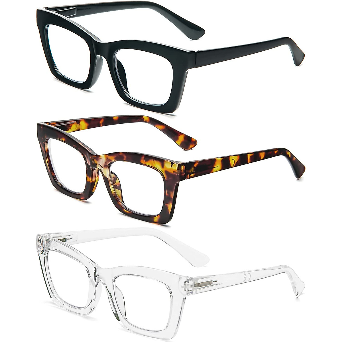 REAVEE 3 Pack Oprah Style Reading Glasses Blue Light Blocking Computer Square Readers for Women with Spring Hinge Anti Glare/Eyestrain 1.5