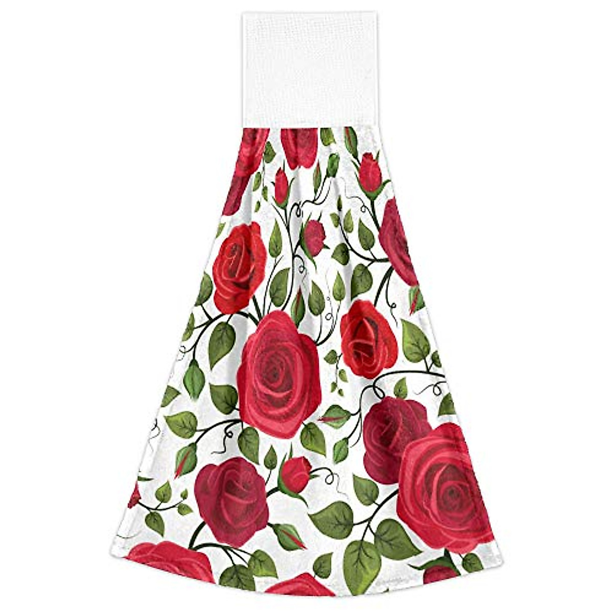 YYZZH Red Rose Flower with Green Leaf Floral Print Valentines Day Design Kitchen Hand Towels with Hook & Loop Set of 2 Absorbent Bath Hand Towel Hanging Tie Towel