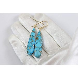 14K Yellow Gold Blue Turquoise 2-1.4" Earrings with Coppery Mosaic Veining Long Large Simple Dangle Drops