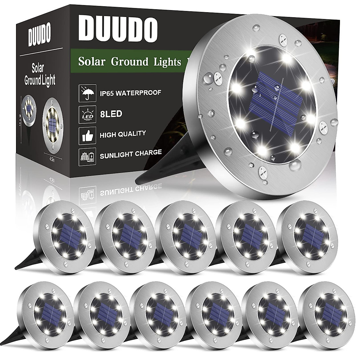 DUUDO Solar Ground Lights-Garden Solar Lights Outdoor Waterproof 8 LED Landscape Lights Bright in-Ground Lights Pathway Lights for Lawn, Patio, Yard, Driveway, Step and Walkway White 12 Pack