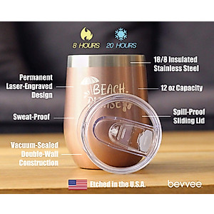 Beach Please - Travel Wine Tumbler with Sliding Lid - Stemless Stainless Steel Insulated Cup - Cute Funny Outdoor Camping Gift - Rose Gold