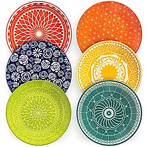 Annovero Dinner Plate Set - Set of 6 Dinnerware for Salad, Dessert, Pasta, Entrées, Colorful Stoneware Dishes for Kitchen, Microwave and Oven Safe, 10.5 Inch Diameter