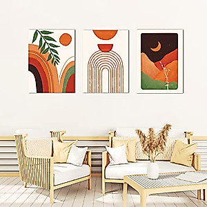Boho Wall Art Set of 3, Boho Bedroom Decor Orange Minimalist Wall Decor Art, Mid Century Modern Wall Art, Neutral Abstract Geometric Framed Canvas Prints Wall Art for Bathroom 12"x16"