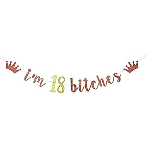 I'm 18 Bitches Banner, 18th Birthday Party Decor, Funny Eighteen Years Old Birthday Banner, Girl's 18th Birthday Party Decorations (Rose Gold)